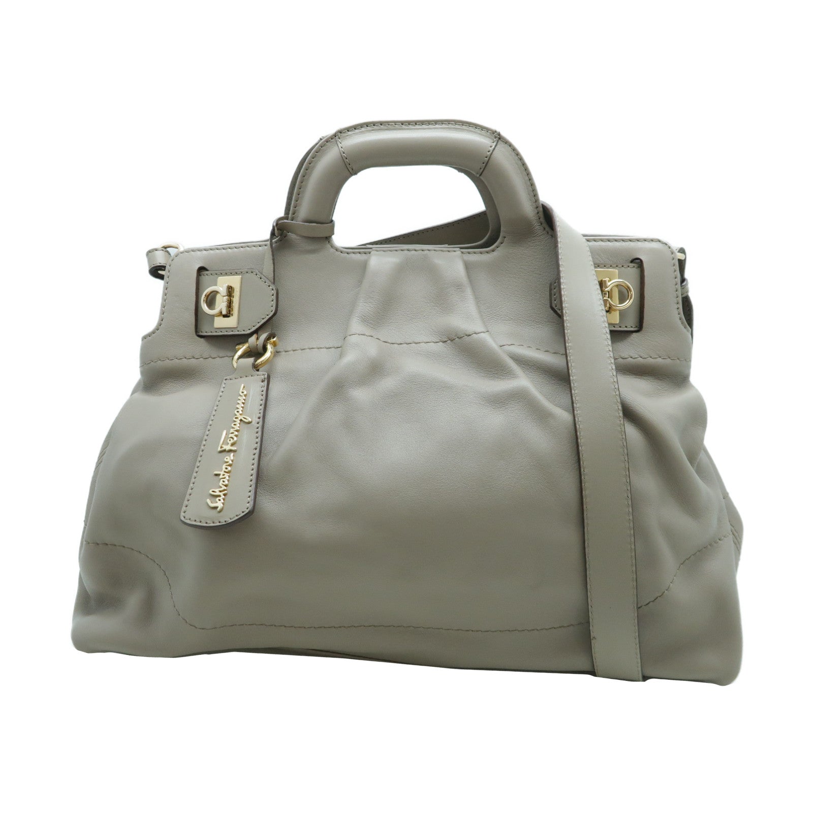 Salvatore Ferragamo 牛皮皮革2 Way Shoulder金扣手挽肩背兩用袋米色 – Brand Off Hong Kong Online Store