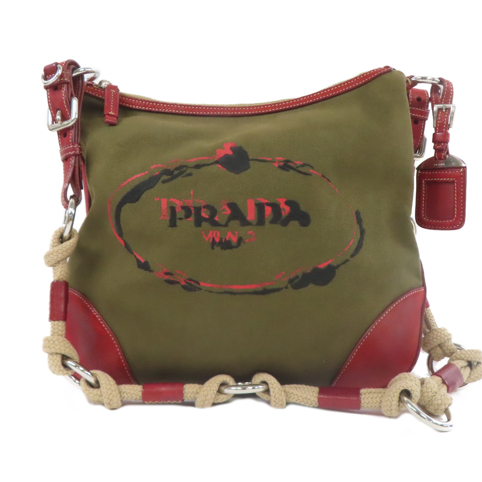 PRADA 帆布Shoulder Bag銀扣肩背袋綠色/紅色 – Brand Off Hong Kong Online Store