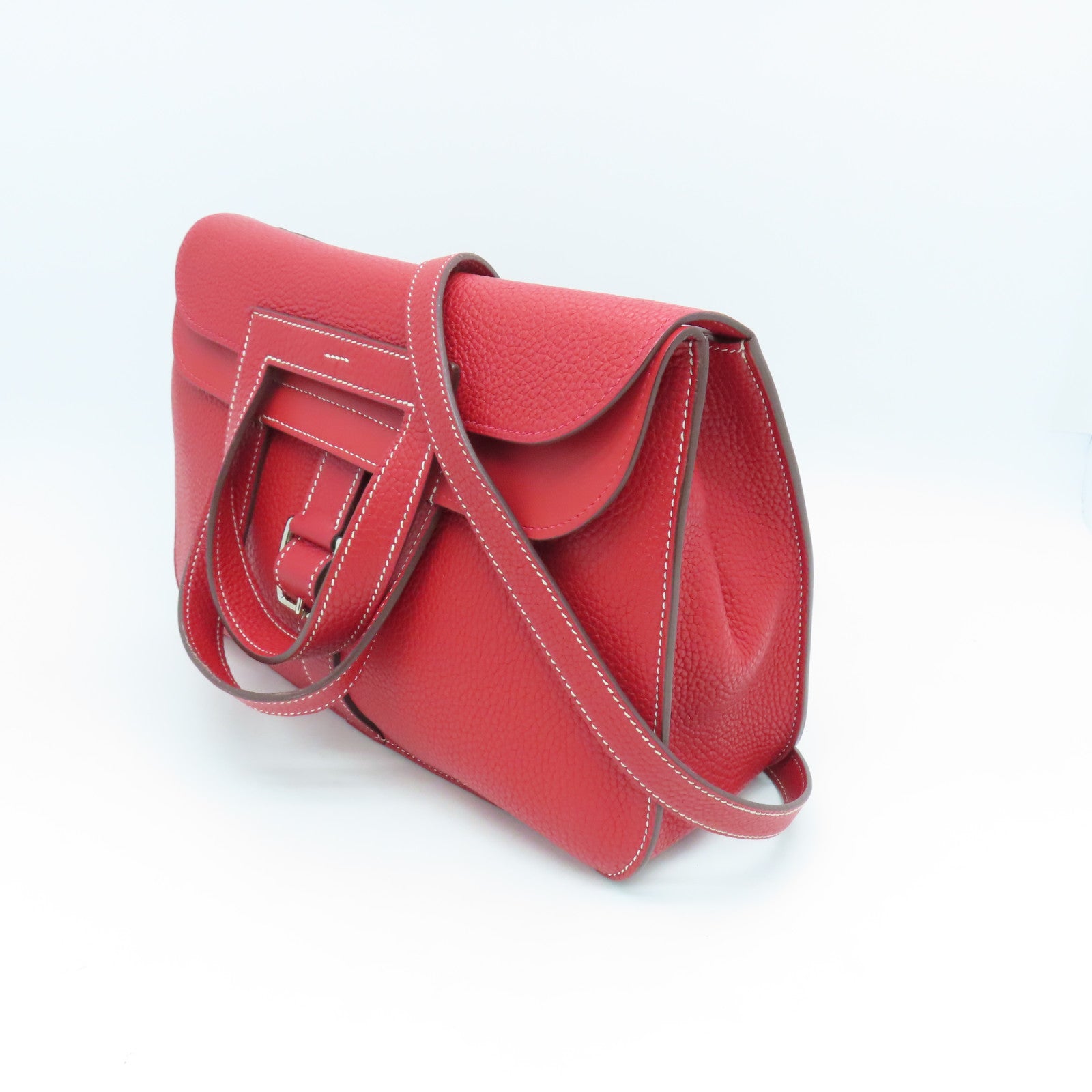 HERMES 【激減優惠精選】Clemence皮革Halzan 31 2Way Shoulder銀扣手挽肩背兩用袋Rouge Casaque ...