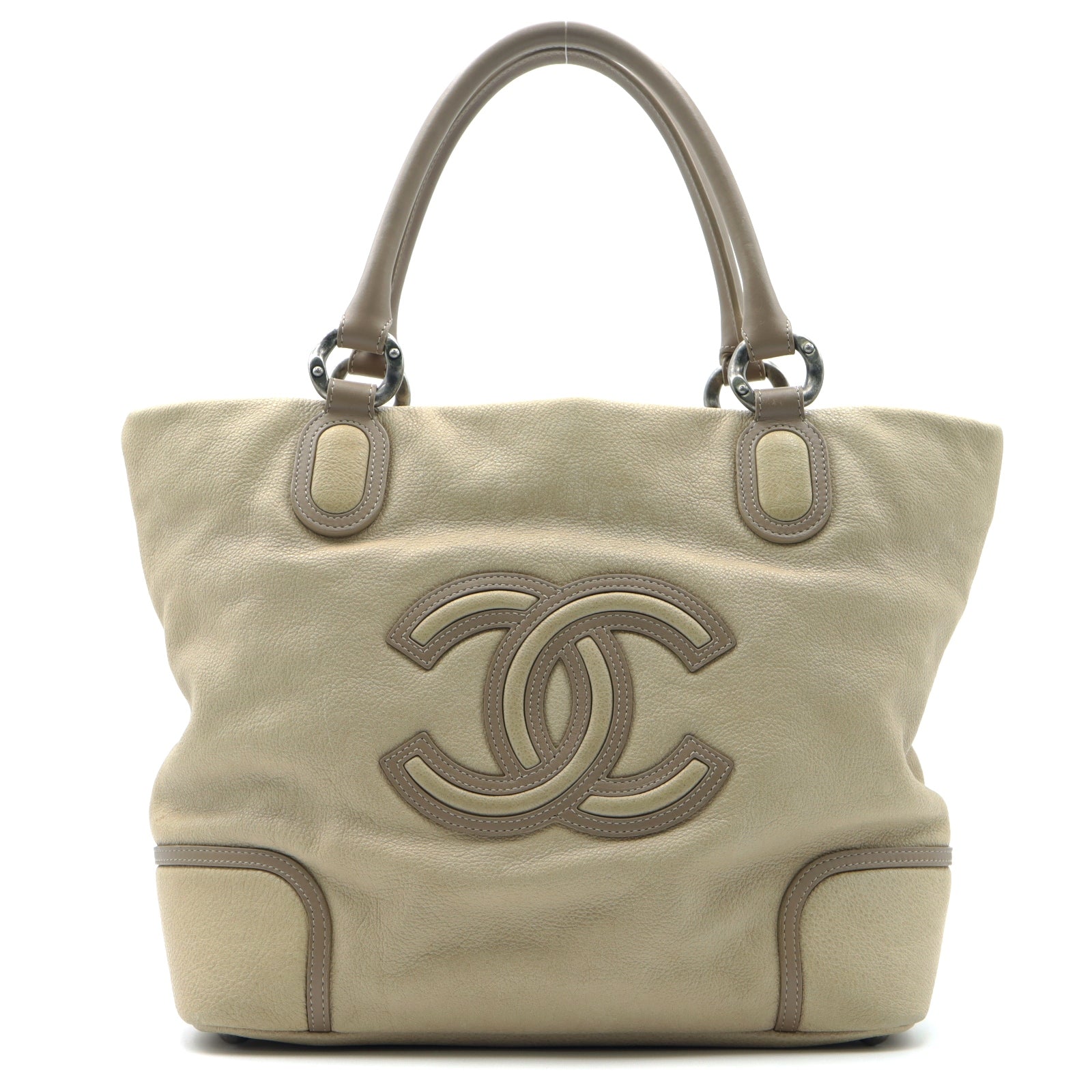 CHANEL [sharp discount] leather Tote Shoulder Bag silver buckle handle ...