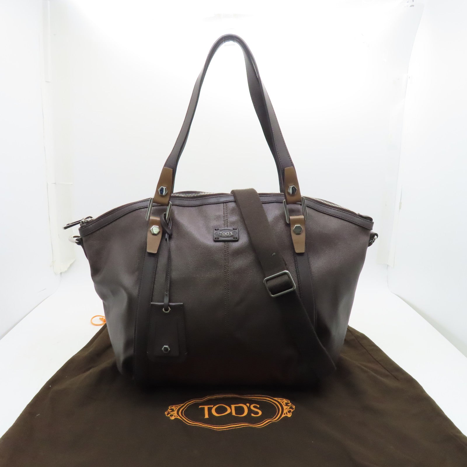 TOD’S 塗層帆布2 Way Shoulder銀扣手挽肩背兩用袋啡色 – Brand Off Hong Kong Online Store