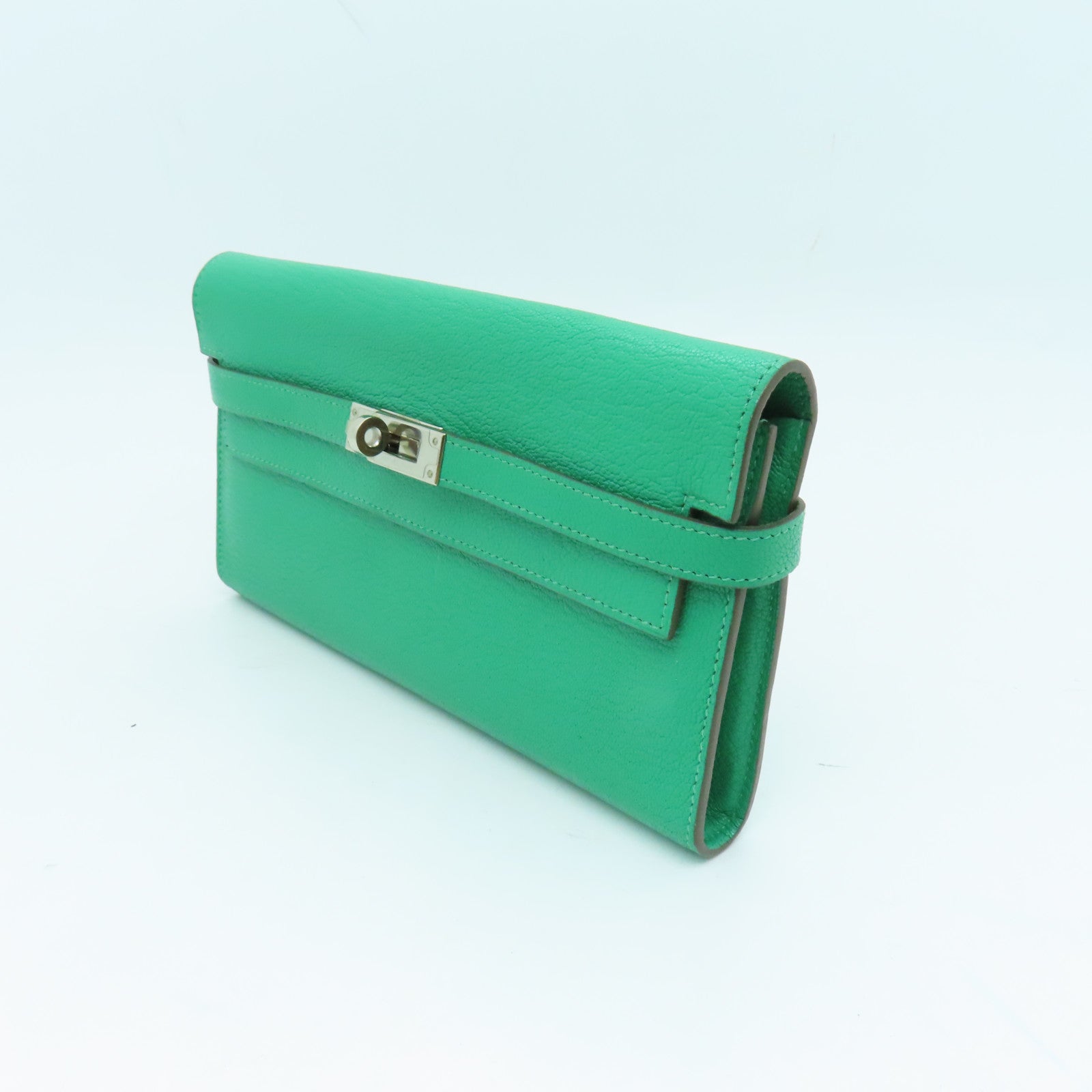 HERMES Chevre Leather Kelly Wallet Silver Buckle Long Wallet Bamboo Gr ...