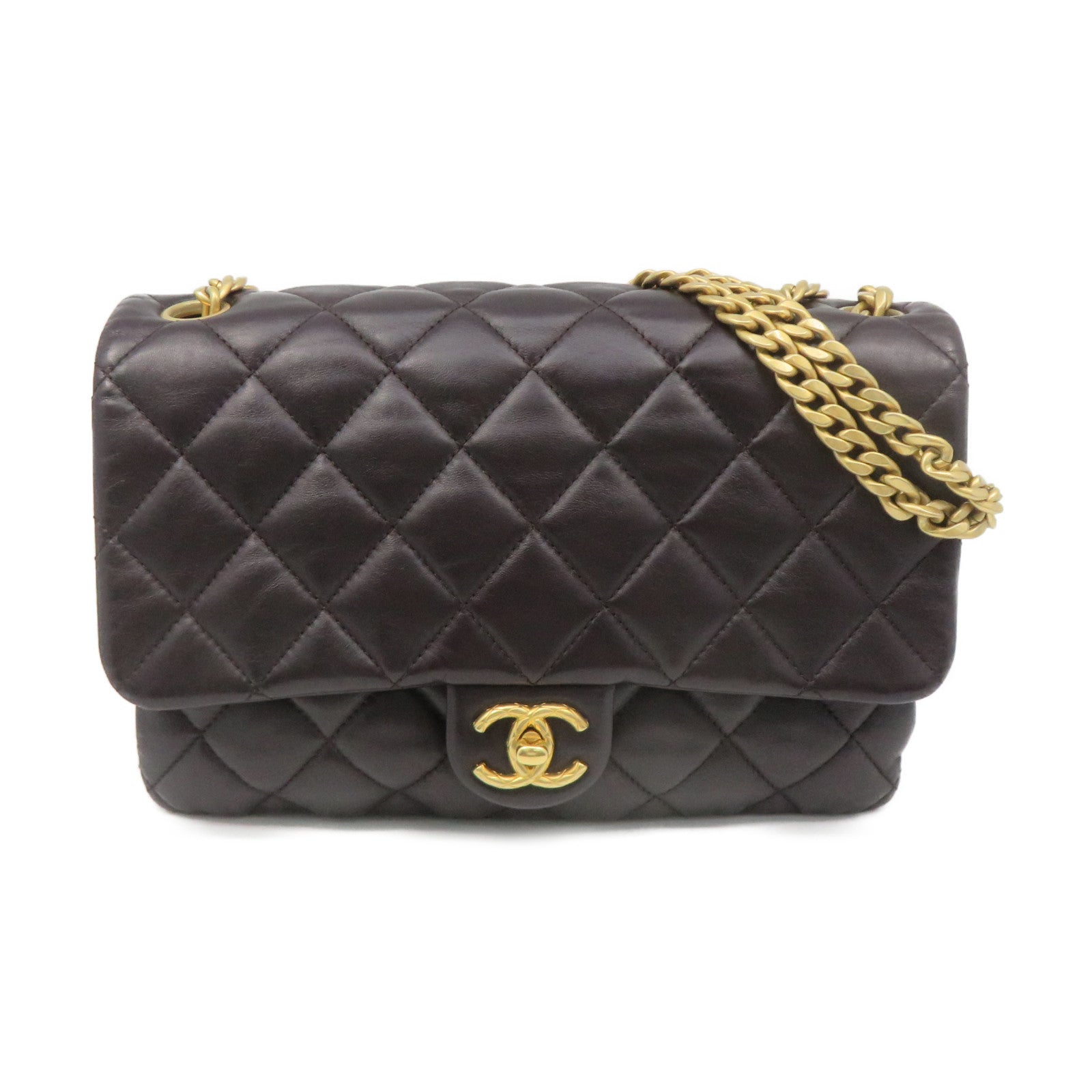 CHANEL 菱格羊皮皮革Chain Shoulder Bag金扣鏈帶肩背袋朱古力色 – Brand Off Hong Kong Online ...