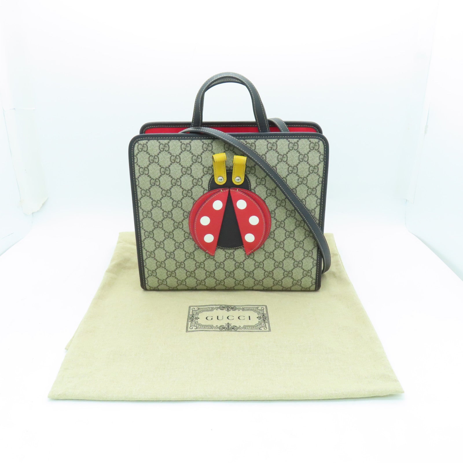 GUCCI Coated Canvas Ladybug Silver Buckle Handle Shoulder Bag Brown/Re ...