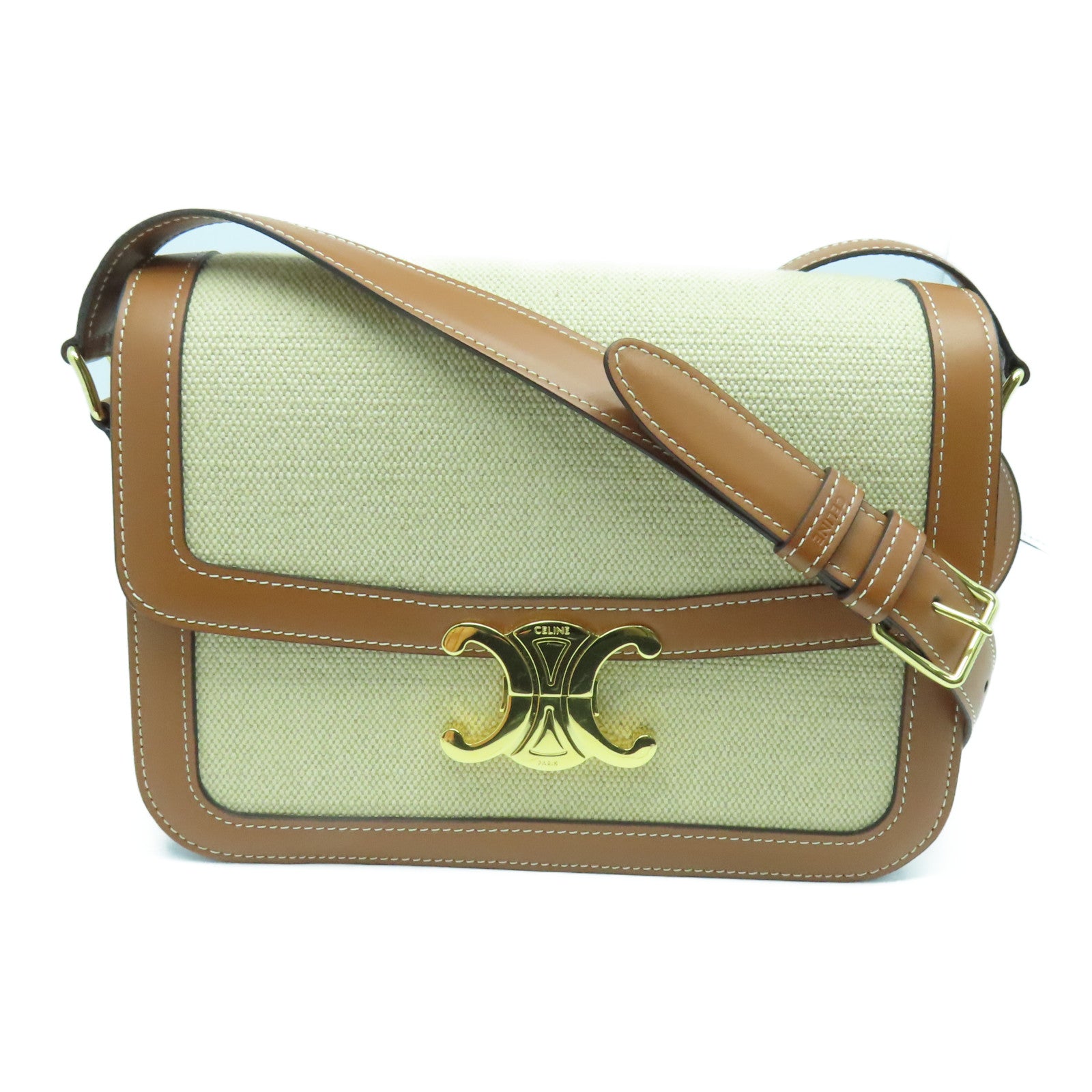 CELINE 帆布/牛皮皮革Triomphe金扣肩背袋米色/啡色 – Brand Off Hong Kong Online Store